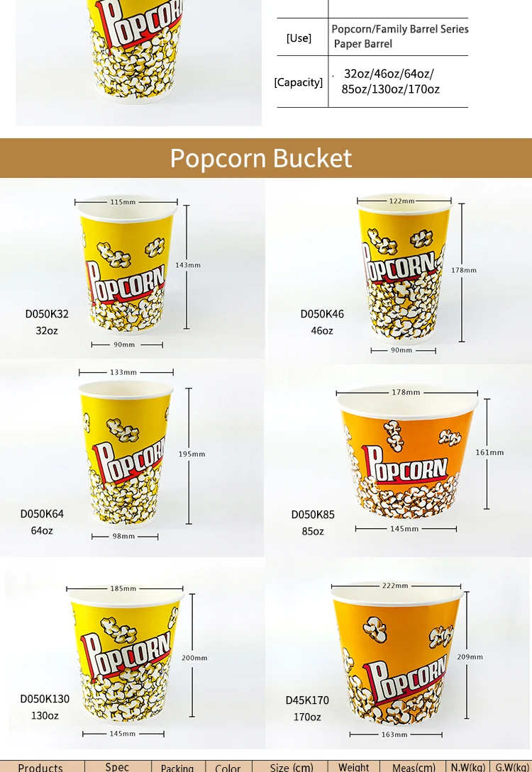 Disposable Custom Paper Popcorn Bucket