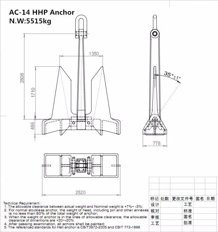250kg to 25ton HHP (HY-14) AC-14 Danforth Anchor - Standard
