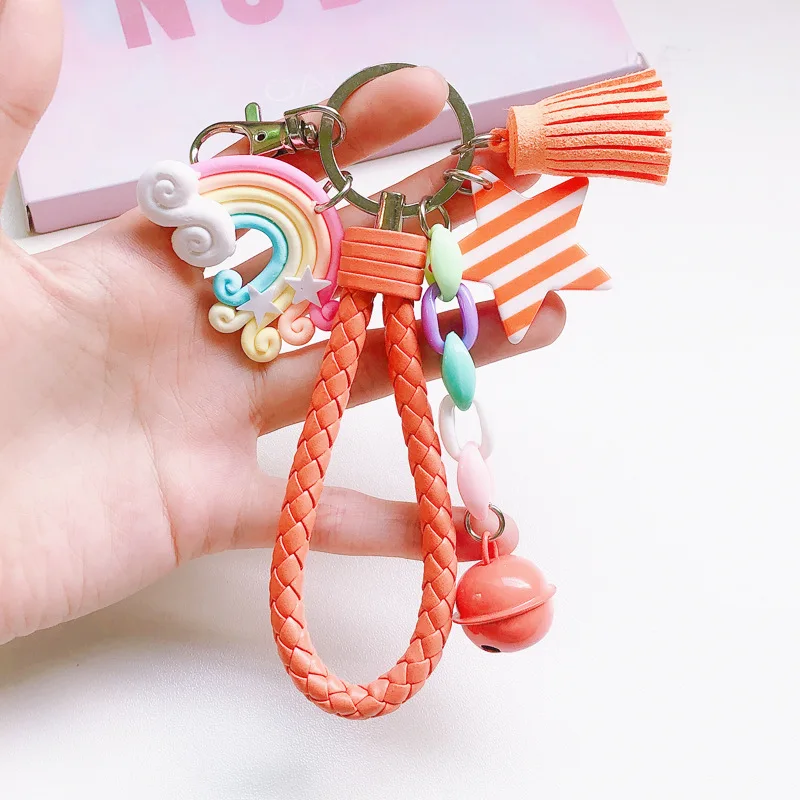 New Lovely Cute Rainbow Key Chain Leather Strap Braided Rope Tassel ...