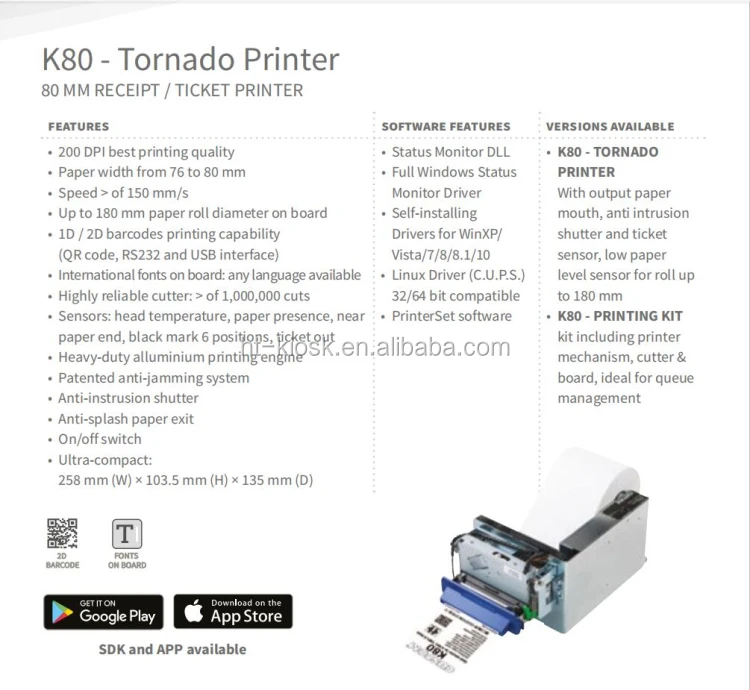 80 Mm Kiosk Thermal Printer Ticket / Receipt Printer Custom K80 Tornado ...