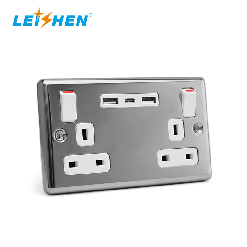 LEISHEN Metal Matte Grey Face Plate Double UK Plug Socket