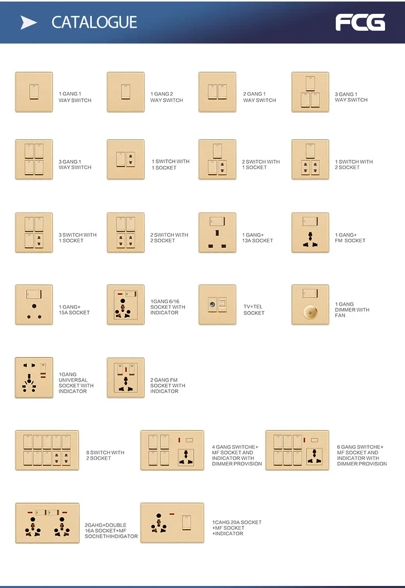 Nepal Luxury Design Gold Color Pc Material 1 Gang 6 Pin Multi Function ...