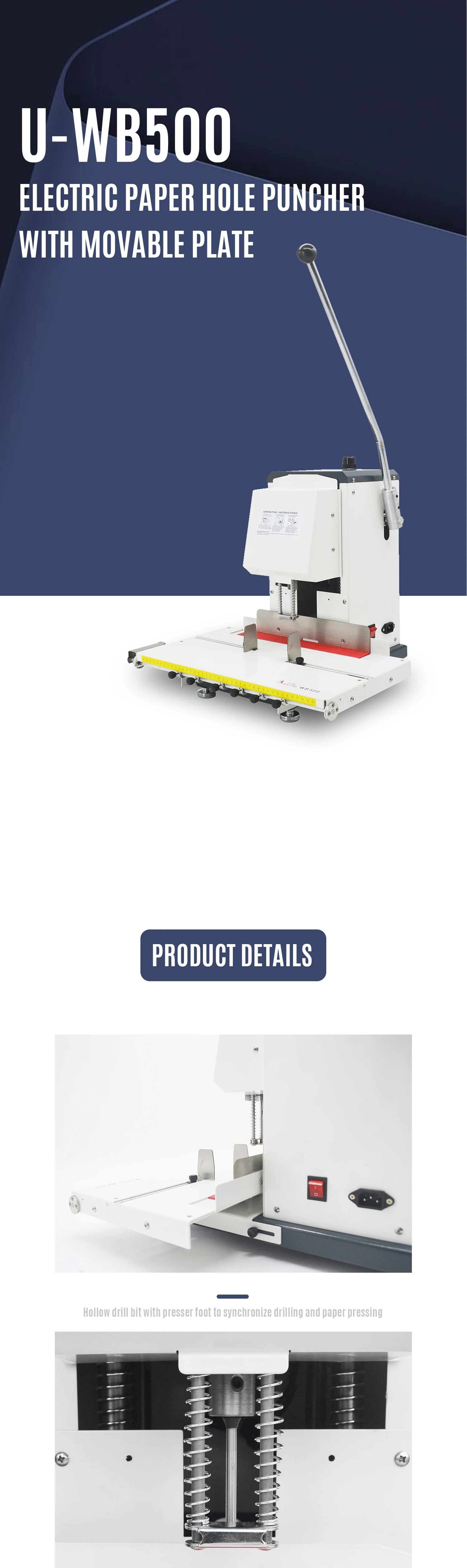 Electric WB500 Single-Spindle Paper Hole Puncher - 50mm Capacity, Adjustable Margin, OEM