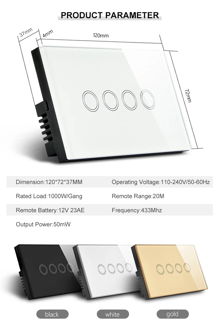 Smart Home 4gang Touch Switch With Remote Controller Glass Panel Remote ...