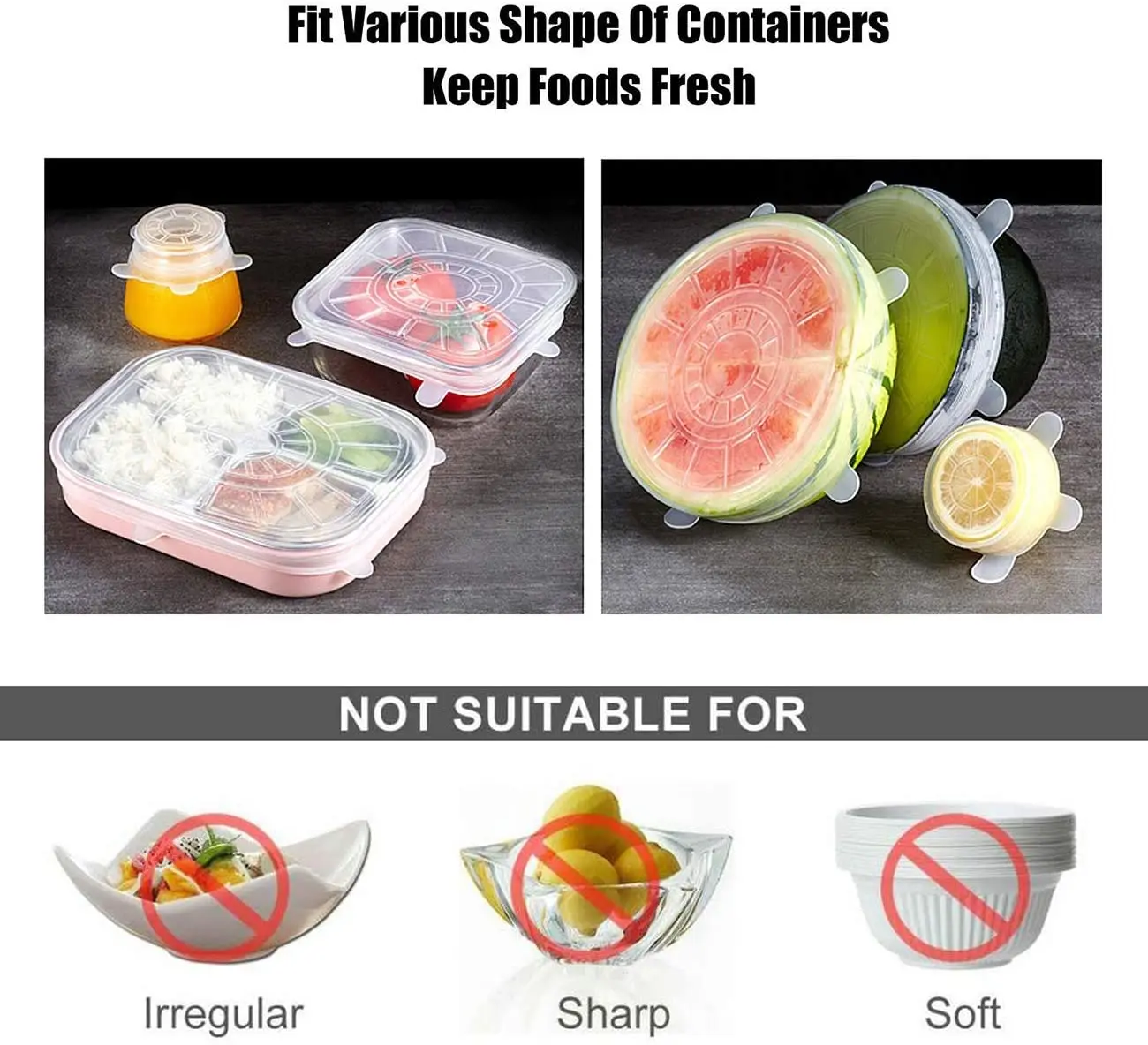 6 Pack Reusable Eco-friendly Dishwasher Safe Food Silicone Cover Cap ...