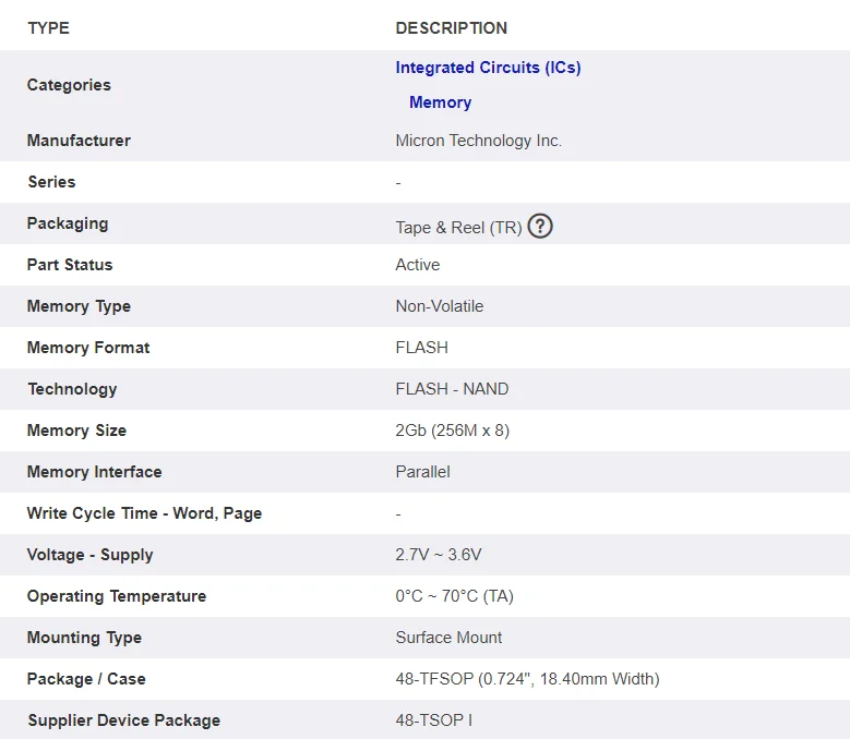 Flash - Nand Memory Ic 2gb (256m X 8) Parallel 48-tsop Tsop Chip Mt29f2g08abaeawp:e ...