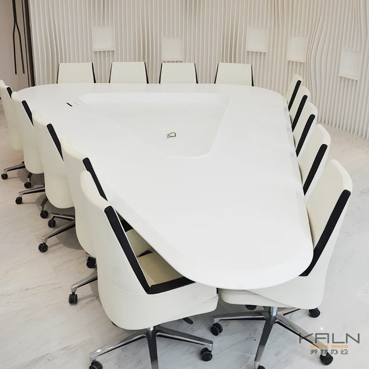 Triangular White Solid Wood Conference Table for Boardroom