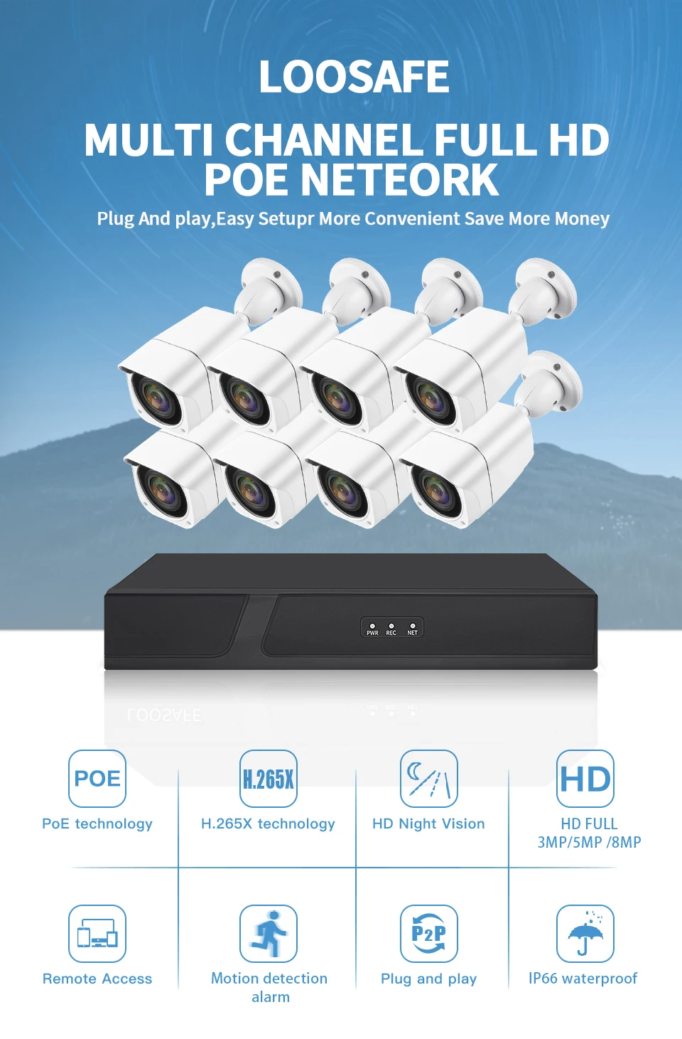 3mp 5mp 8mp 4ch 8ch 16ch set h265 AHD Outdoor IP66 Waterproof Home NVR ...