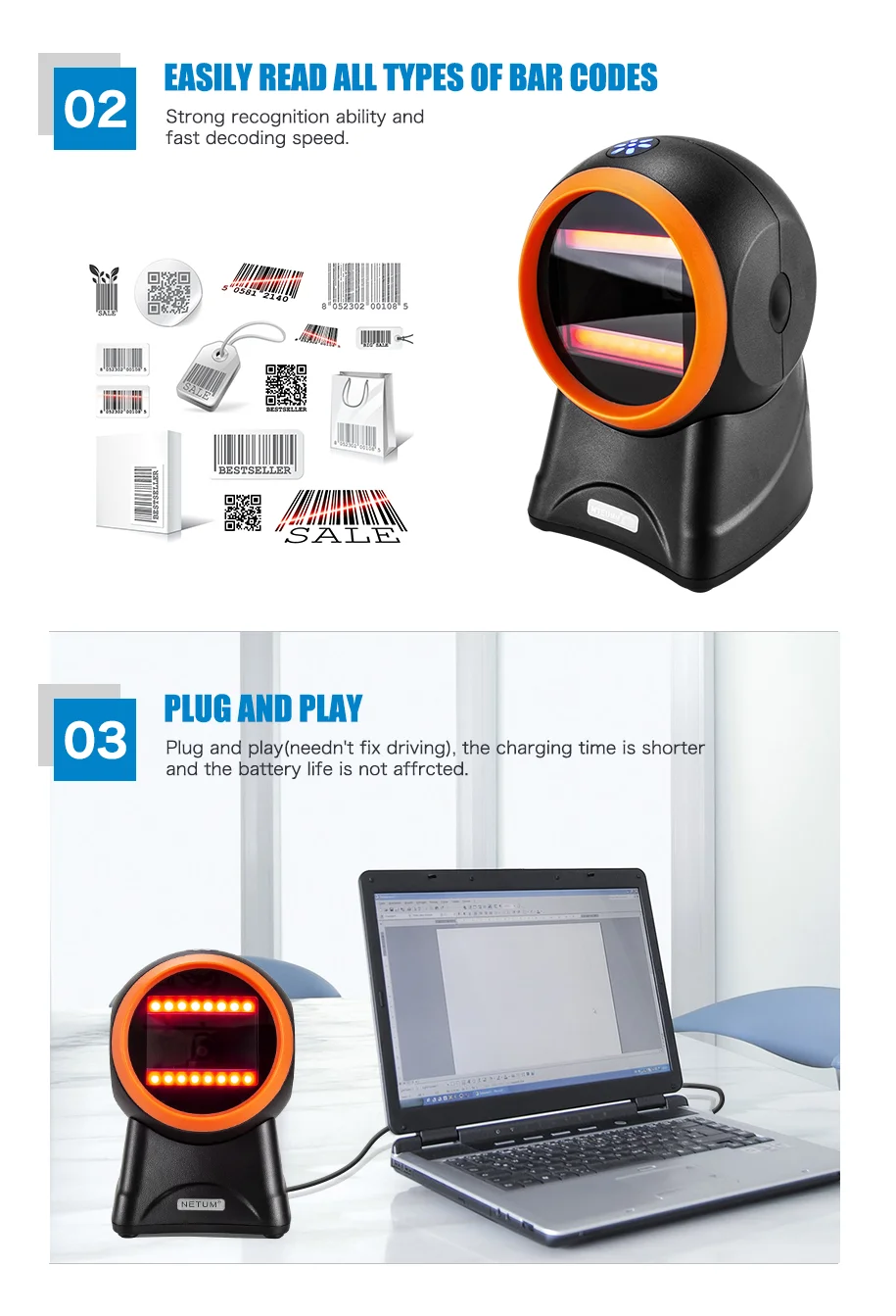 Original Factory Supermarket Wired 2d Omni-directional Barcode Scanner ...