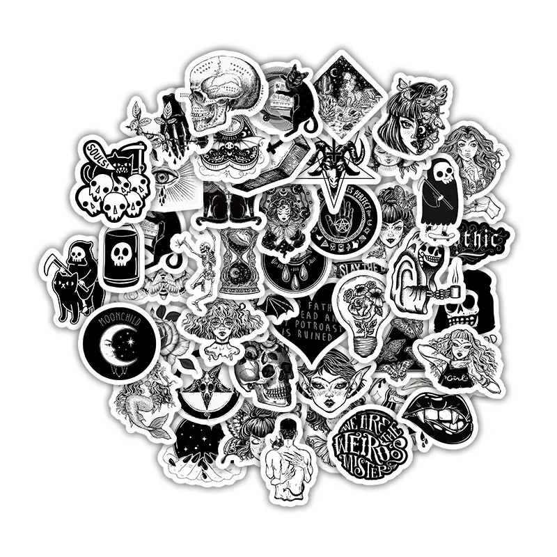 50 Pcs Goth Stickers Horror Gothic Cool Punk Graffiti Black White ...