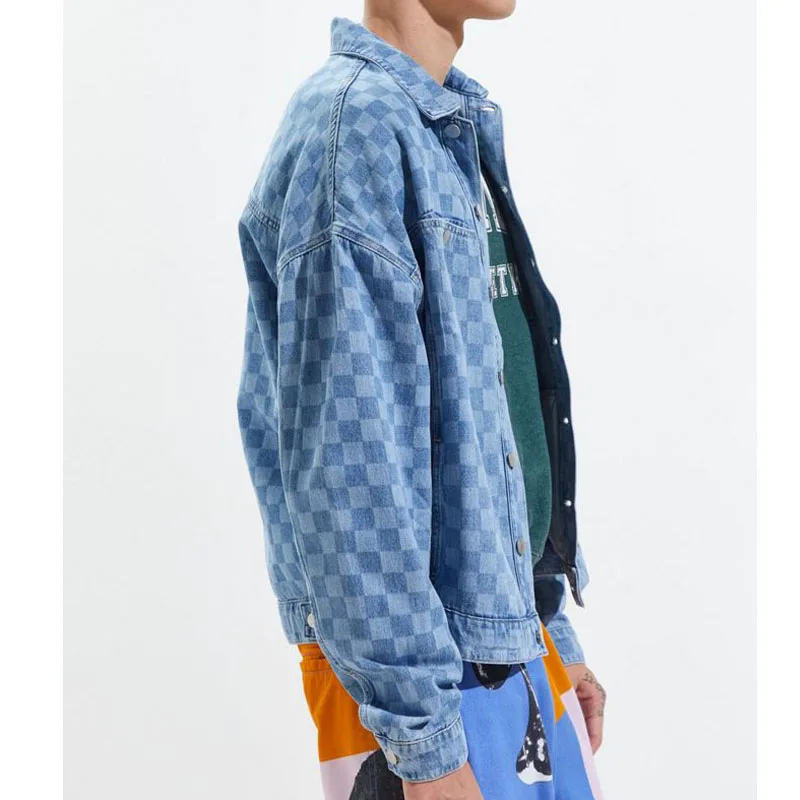 Wholesale Men’s Checker Jacket Jacquard Blue Plaid Designer Denim Jackets