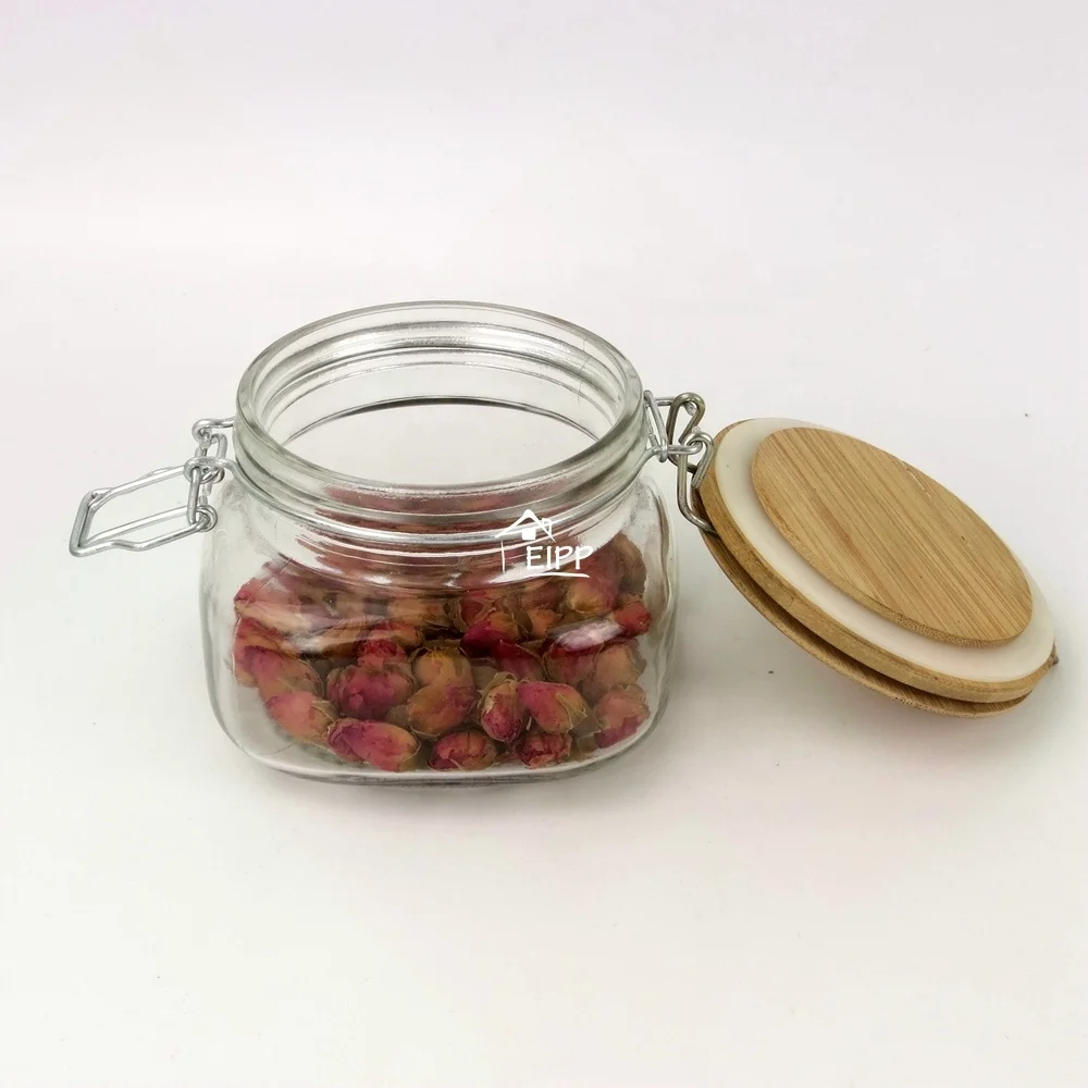 500ml Square Airtight Bamboo Lid Glass Jar Stainless Steel Clip Food ...