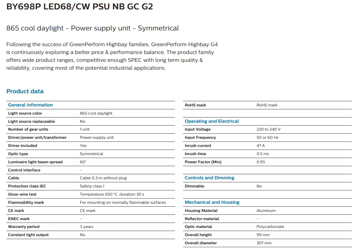 PHILIPS BY698P LED68/CW PSU NB GC G2 911401514661 PHILIPS LED BY698P ...