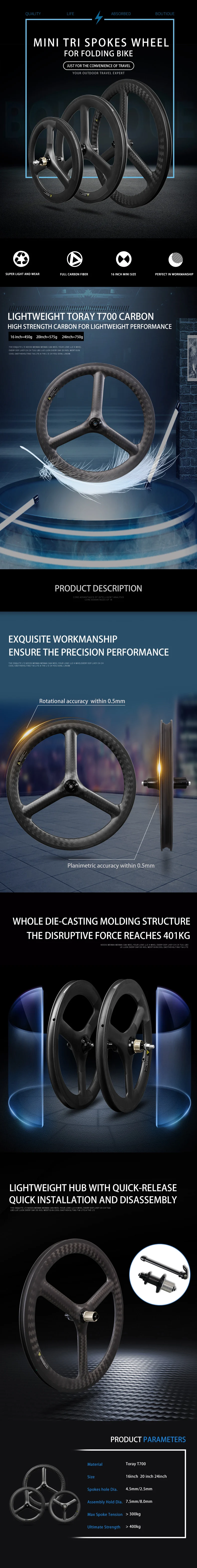 2020 ICAN 16 Inch BMX Wheels - Durable 3-Spoke Carbon