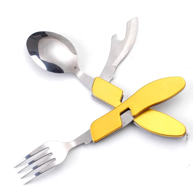 4in1 Foldable Stainless Steel Fork Spoon Knife Opener Outdoor Tableware ...