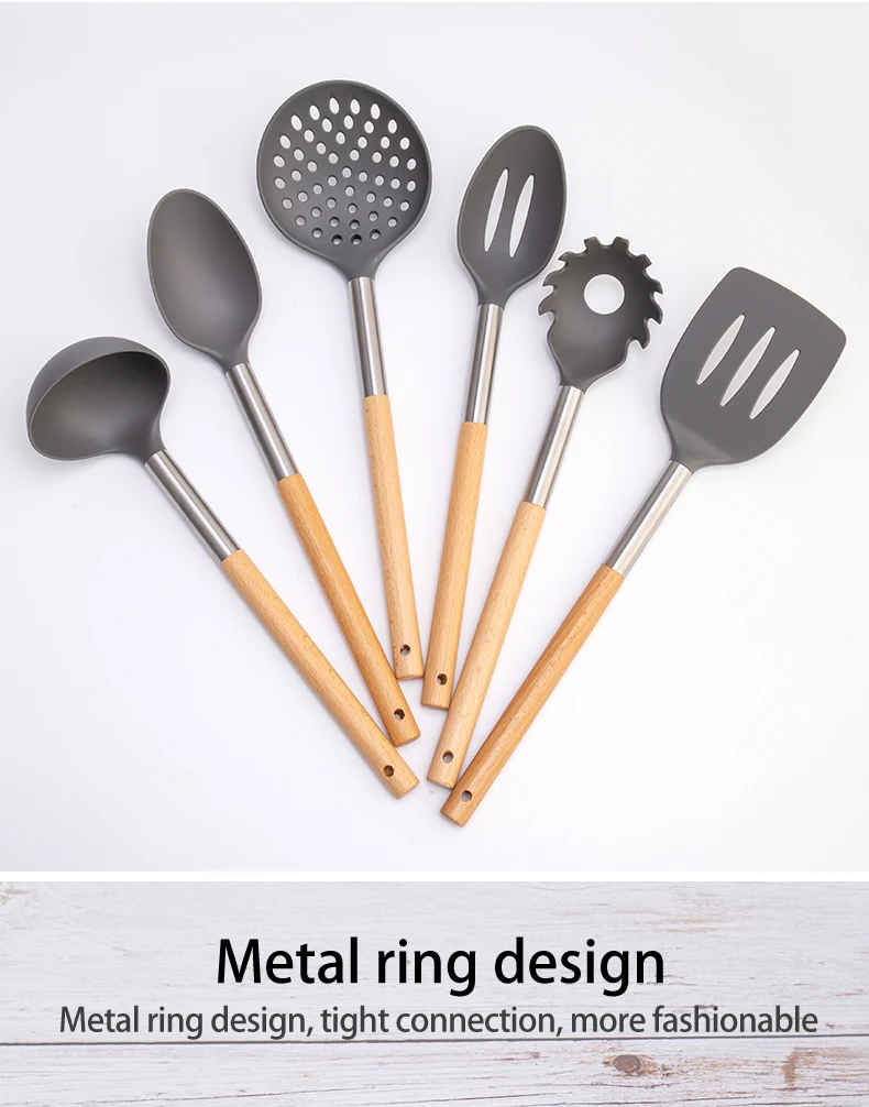 Custom 6 Pcs Nylon Kitchen Utensils Sets With Wood Handle Soup Ladle ...