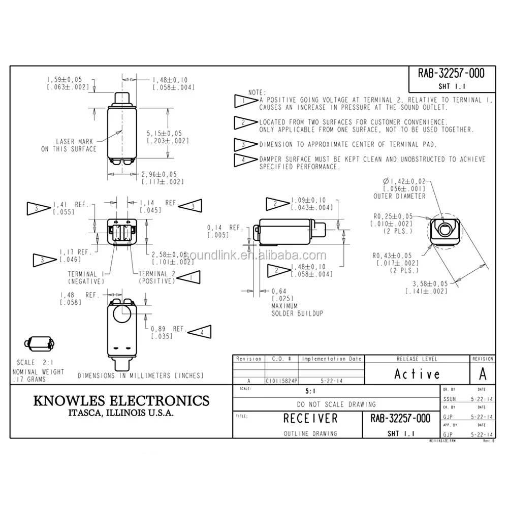 Knowles RAB-32257 In-Ear monitor Full Range Frequency Balanced Armature ...