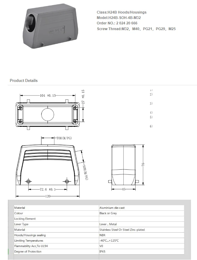 Harting H24b Ip65 Aluminium Waterproof Side Entry High Construction 4 Bolts Automotive ...