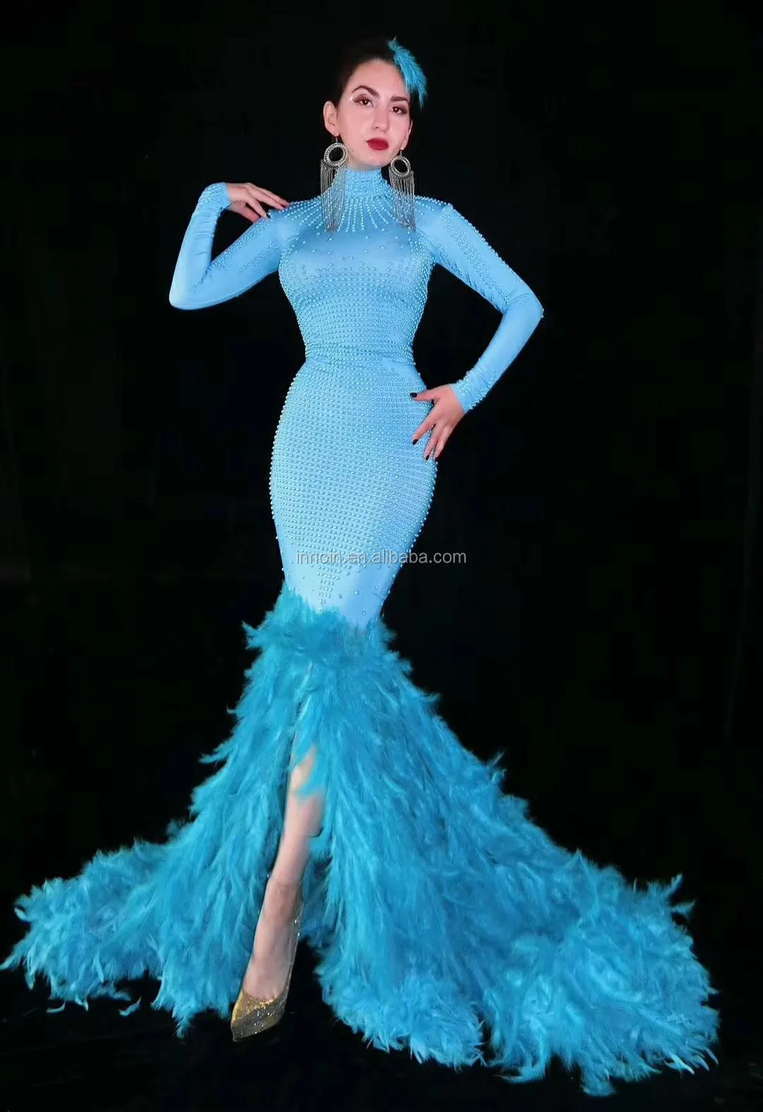 Singer Stage Dance Costume Ballroom Perform Blue Pearl Evening Long ...