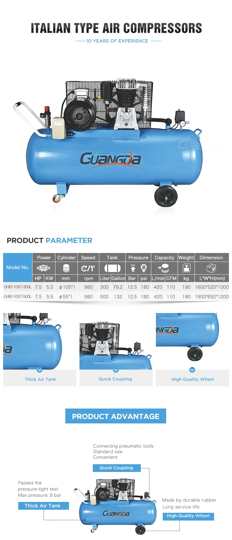 300L 500L 7.5HP 5.5KW Italy Style 12.5bar Air Compressor