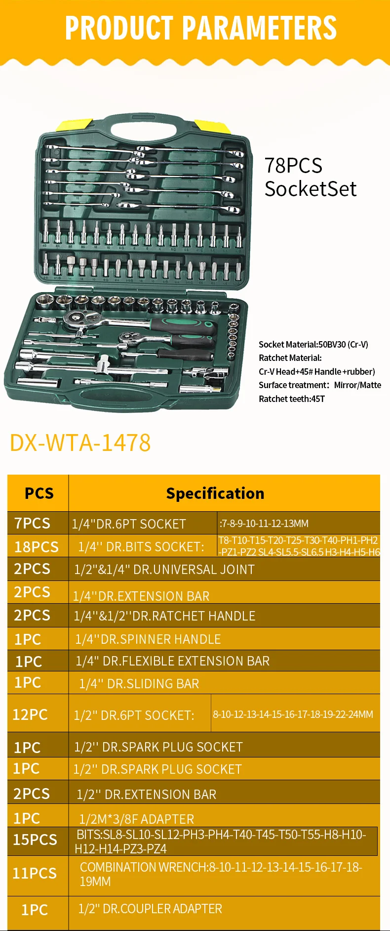 Auto Repair Tool Set 78pcs Socket Set 1 4 1 2 3 8 Socket Wrench