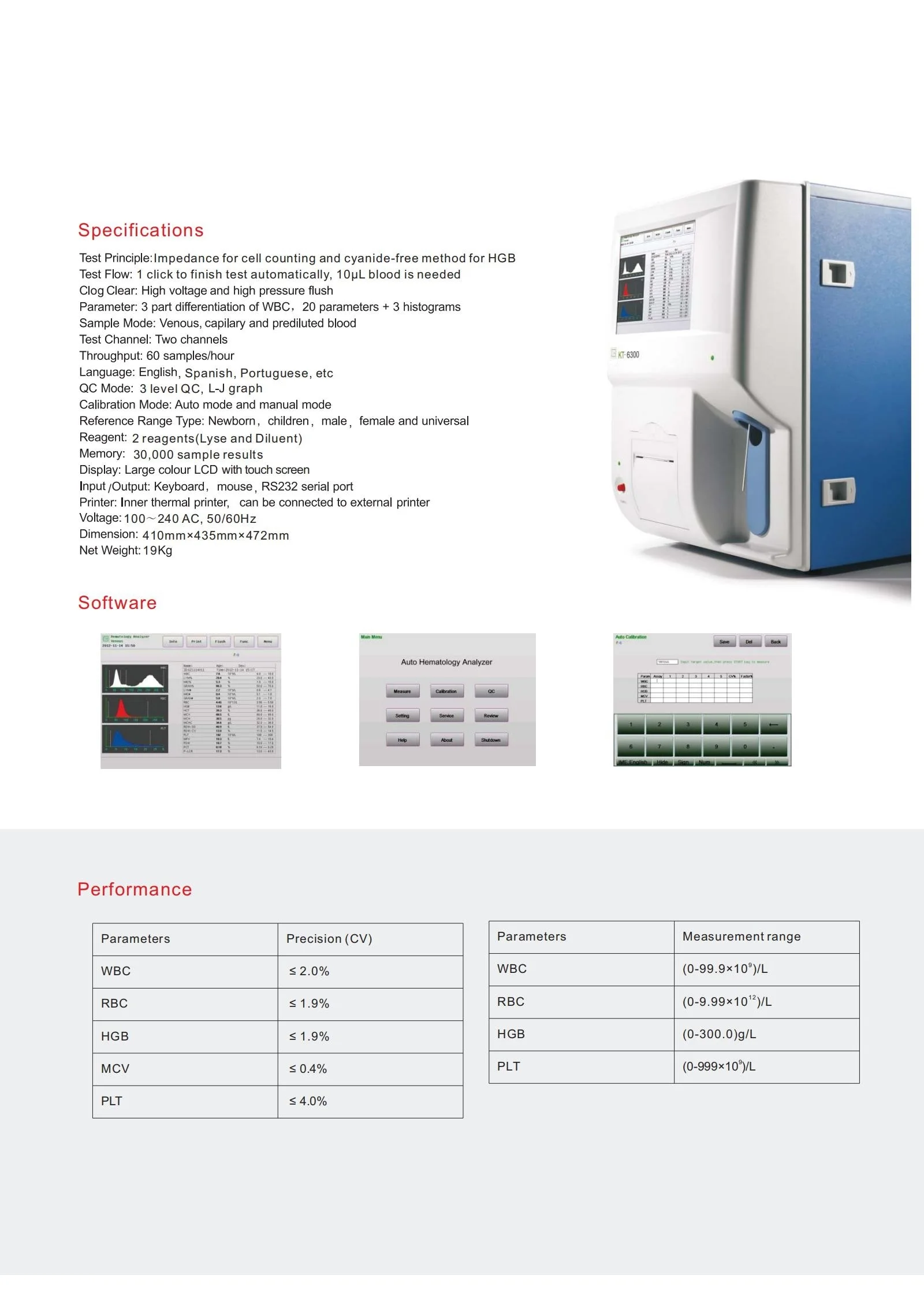 Auto Hematology Analyzer 3 Part Diff Kt-6300 / 60 Samples Per Hour Open Reagent System - Buy ...