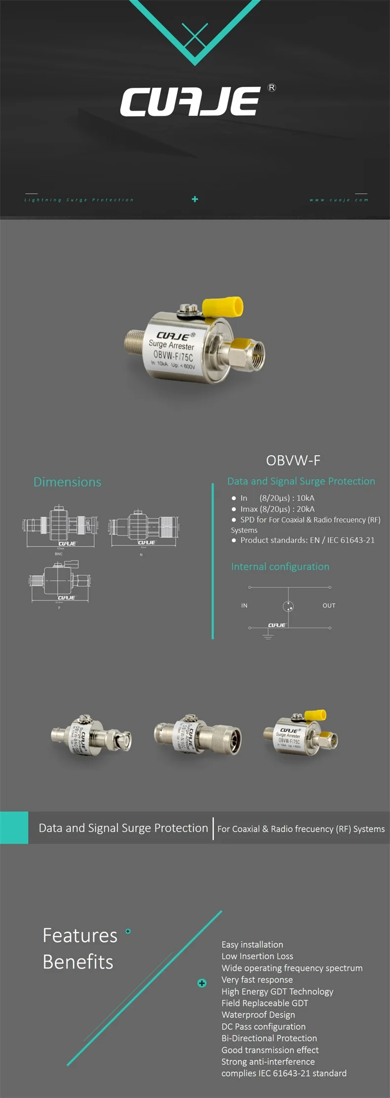 Gas Discharge Tube Surge Arrester Lightning Protector With F Head Rf ...