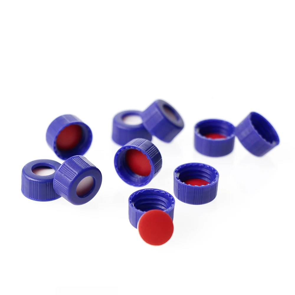 Blue 9-425 Open Top Ribbed Screw Cap with 9mm Red Ptfe/white Silicone ...