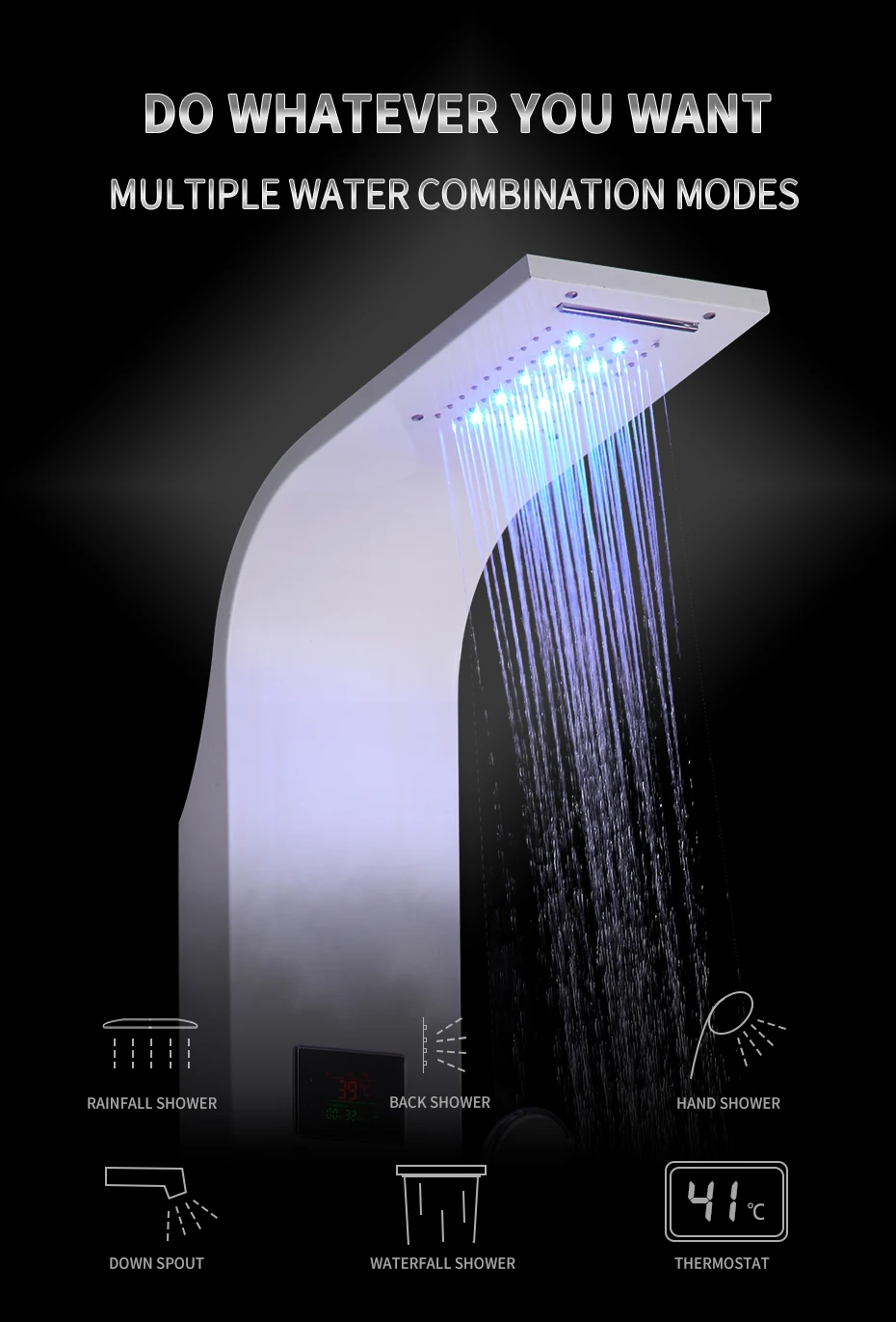 Modern Temperature Stainless Steel Spa Shower Panel With Led Rainfall ...