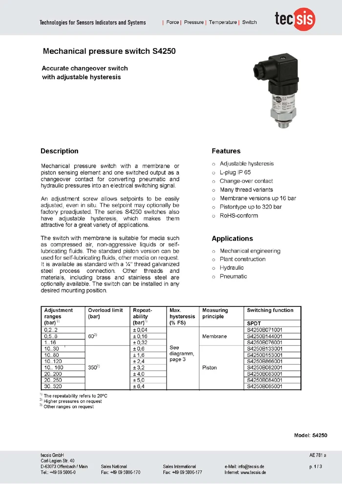 Tecsis S4250B144001 Pressure Sensor - 0.5 to 8 BAR