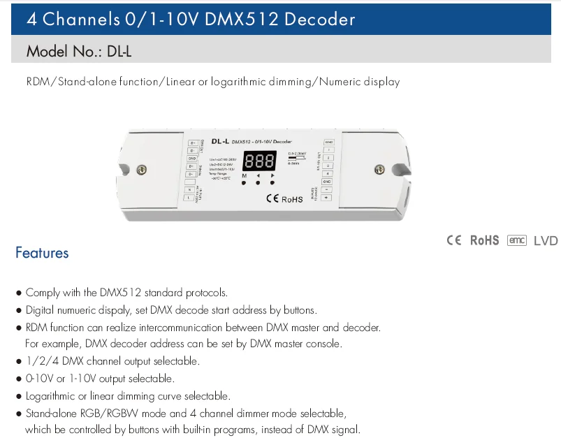 Dl-l 4 Channel Dmx512 Decoder Dmx To 0-10v Signal Converter Rdm Function Dmx512 To 0/1-10v ...