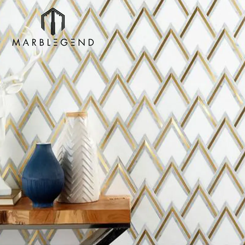 Viviano Marmo Bravos Thassos Carrara Brass Waterjet Stone Mosaic Tile ...