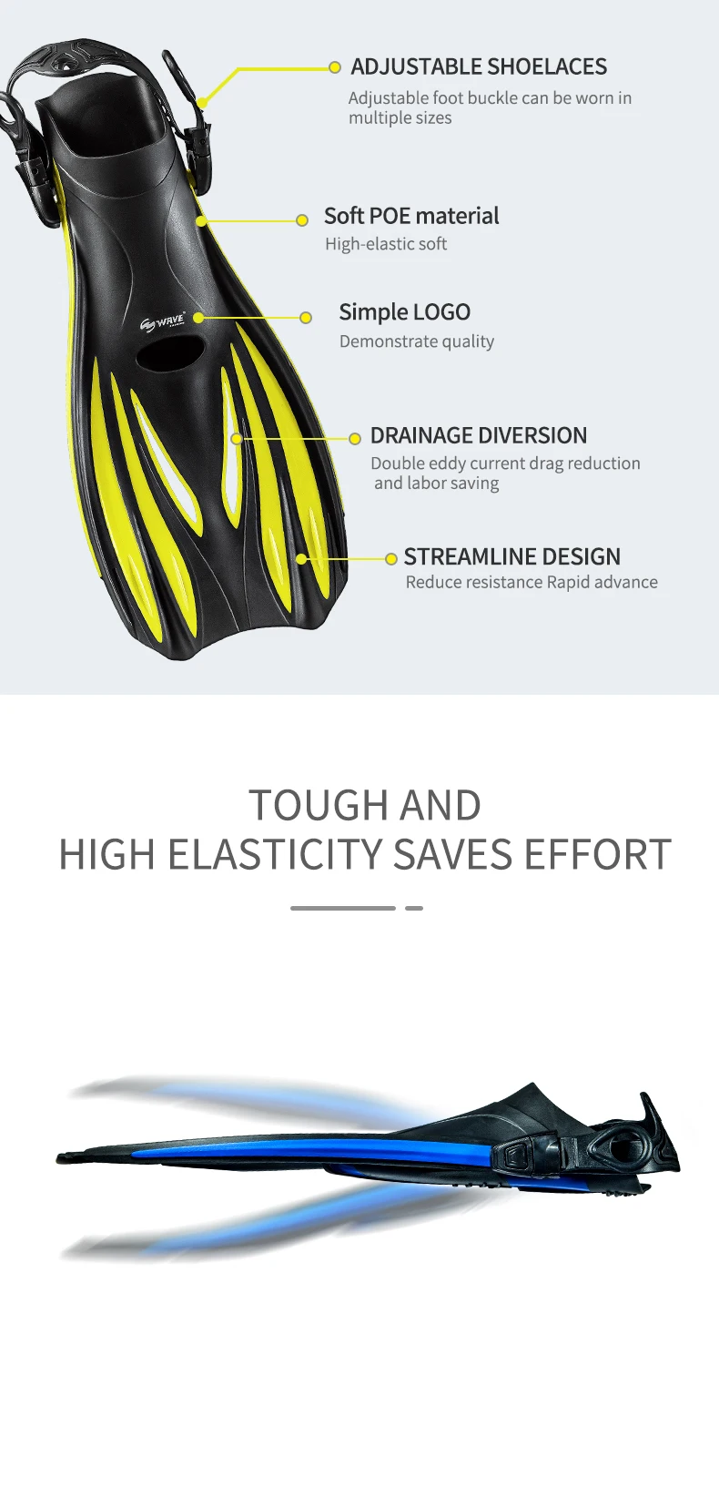 Wave Snorkel Fins Portable Swimming Flipper Adjustable Strap High ...