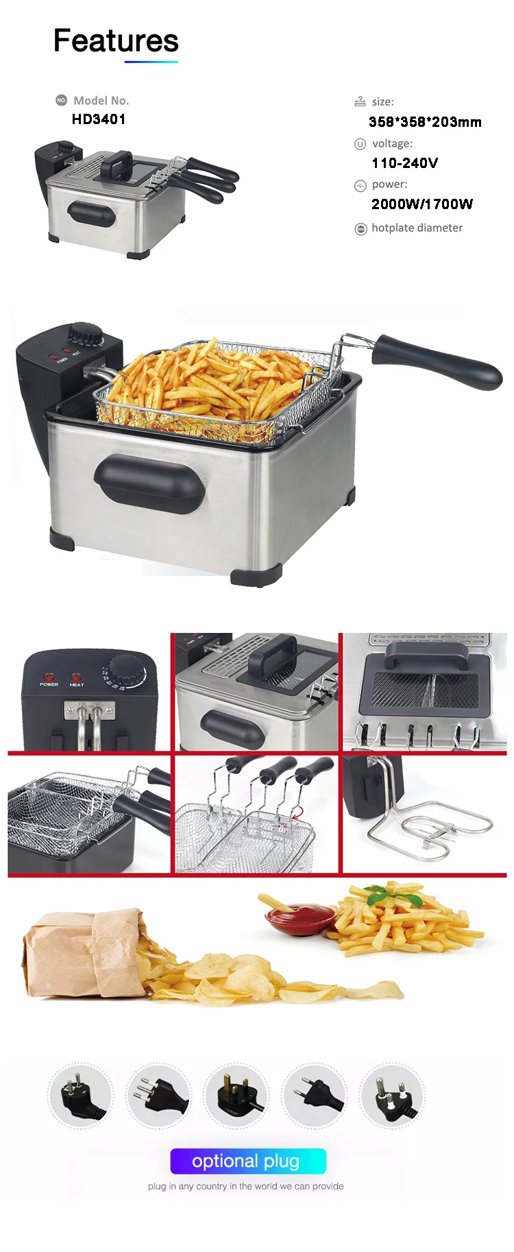 Portable Stainless Steel Electric Deep Fryer 220-240v 2000w 4l 4.5l ...