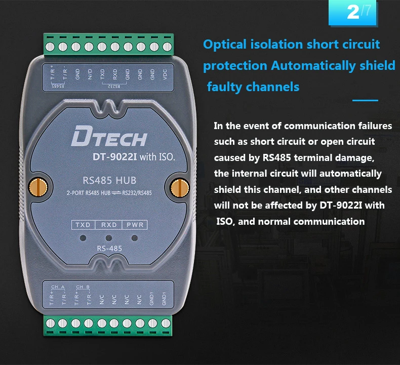 DTECH RS485 RS232/RS485 to 2 Port RS485 Hub - Reliable Communication