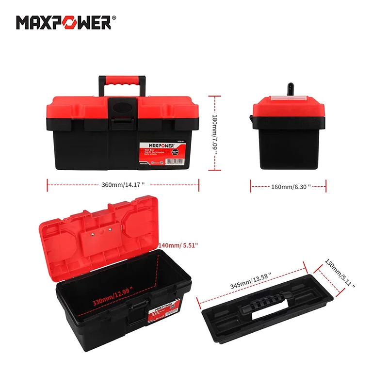 MAXPOWER 14 Inch Red Portable Plastic Tool Boxes with Removable Tray
