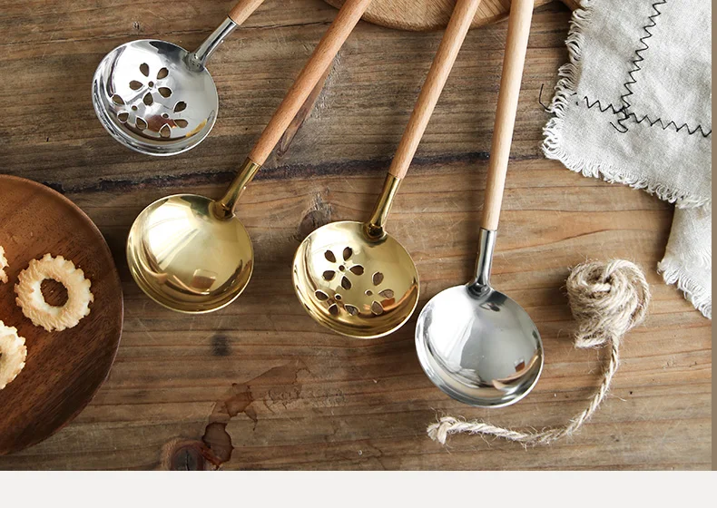 Korean Cooking Utensils Wooden Handle Stainless Steel Soup Spoon and ...