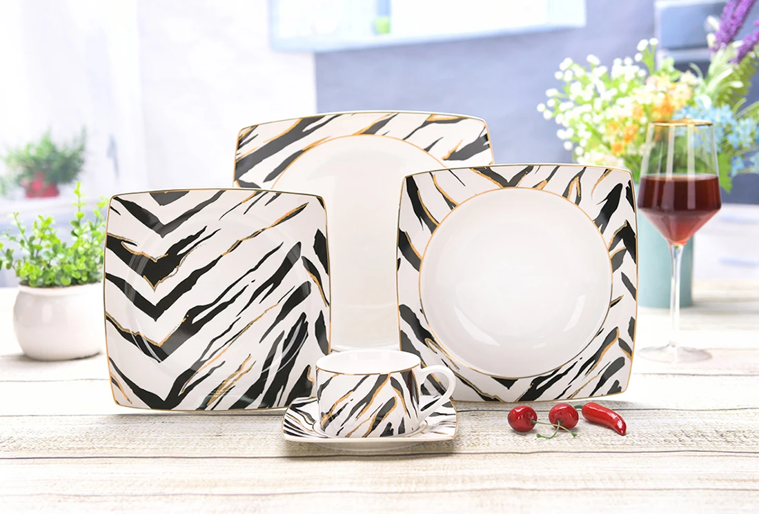 Geometric Porcelain Square Kitchen Dinnerware Sets Black And White Gold ...