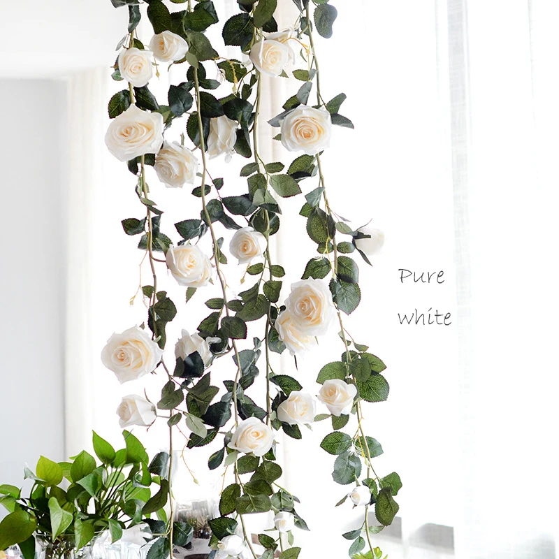 White Rose Vines Artificial Silk Flowers Rose Garlands Hanging Rose Ivy ...