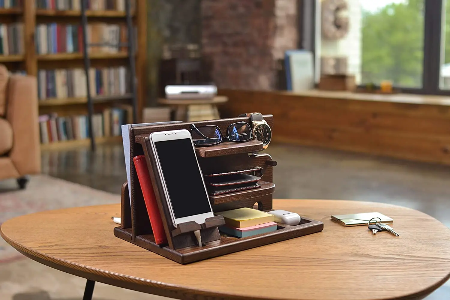 Wooden Phone Docking Station With Key Holder,Wallet And Watch Organizer ...