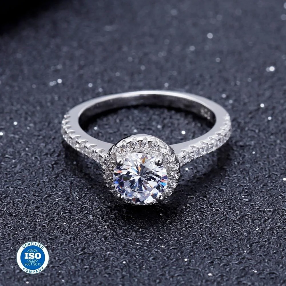 Abiding 925 Sterling Silver 1.0ct 6.5mm Halo Moissanite Diamond Rings With Side Stones For Women ...