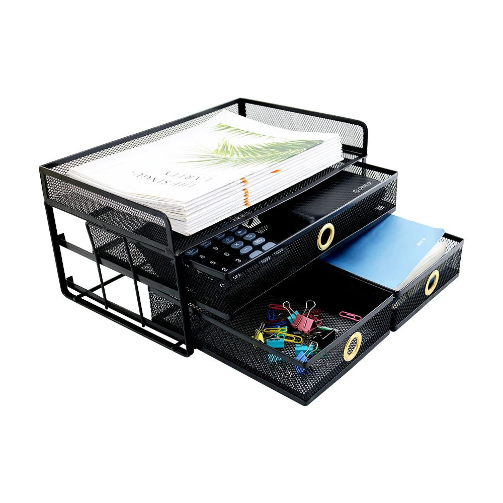 Wideny Office Desk Black Metal Wire Mesh 2 Tiers Desktop File Organizer ...