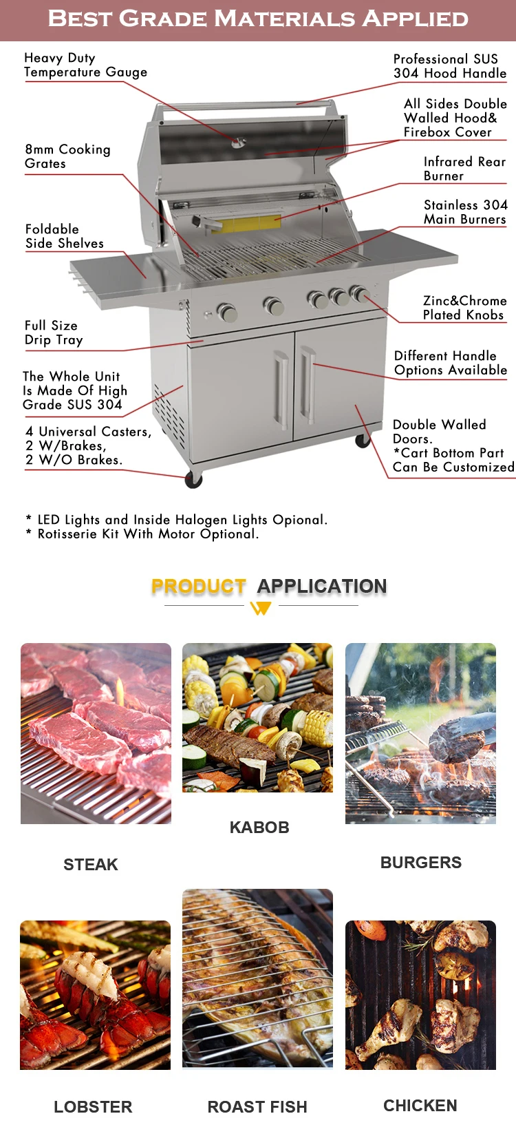 CE Approved Freestanding Stainless 5 Burner Barbecue Gas Grill