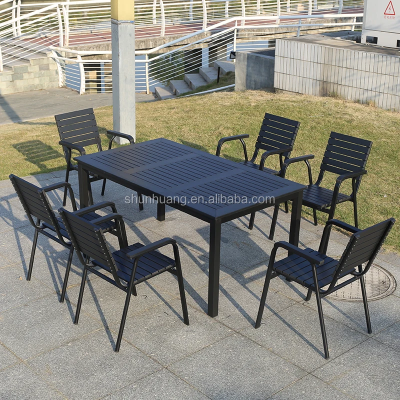 Modern Black Plastic Wood 6 Seater Dining Set 7 Pcs Long Table Set ...