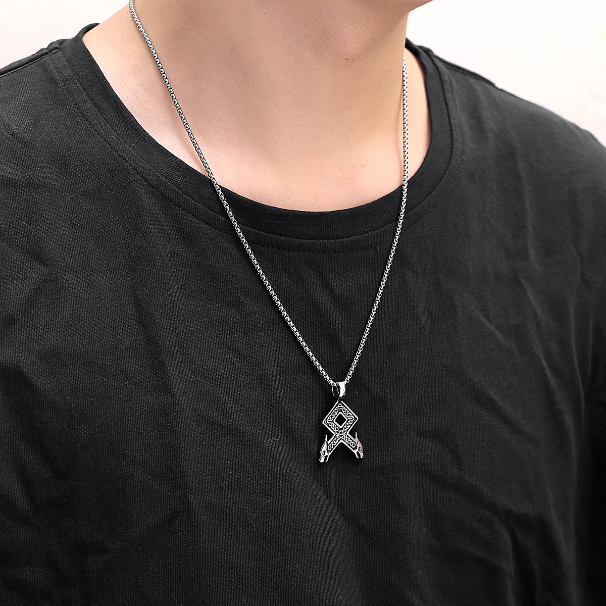 Stainless Steel Wolf Heads Othala Odal Rune Pendant Necklace With ...