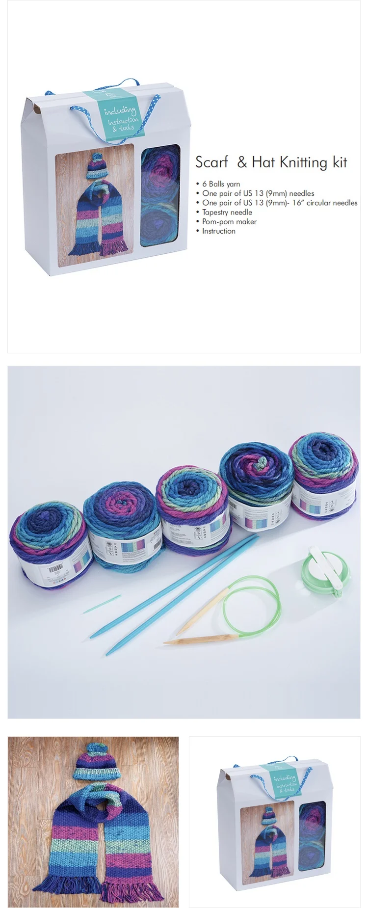 Easy Knit Scarf And Mini Box Set Children Diy Hat Knitting Craft Yarn ...