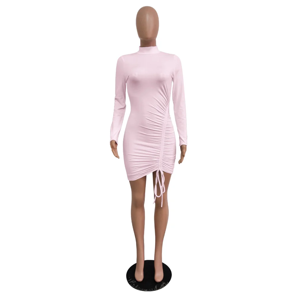 Woman Party Night Sexy Ruched Bodycon Mini Dress Women Clothes Long Sleeve O Neck Lace Up Draped ...