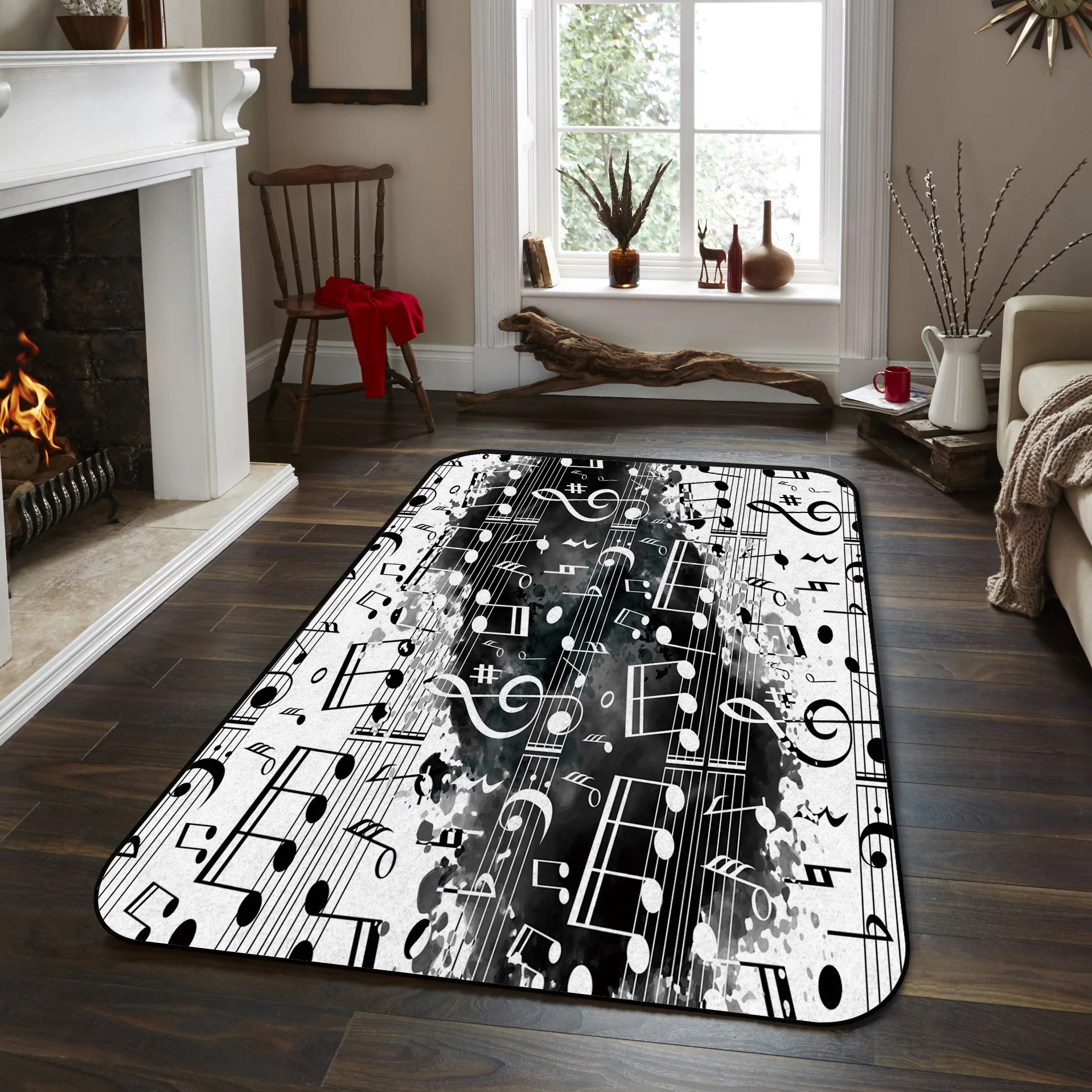 Black White Music Note Piano Guitar Printed Carpets Musical Area Rugs ...