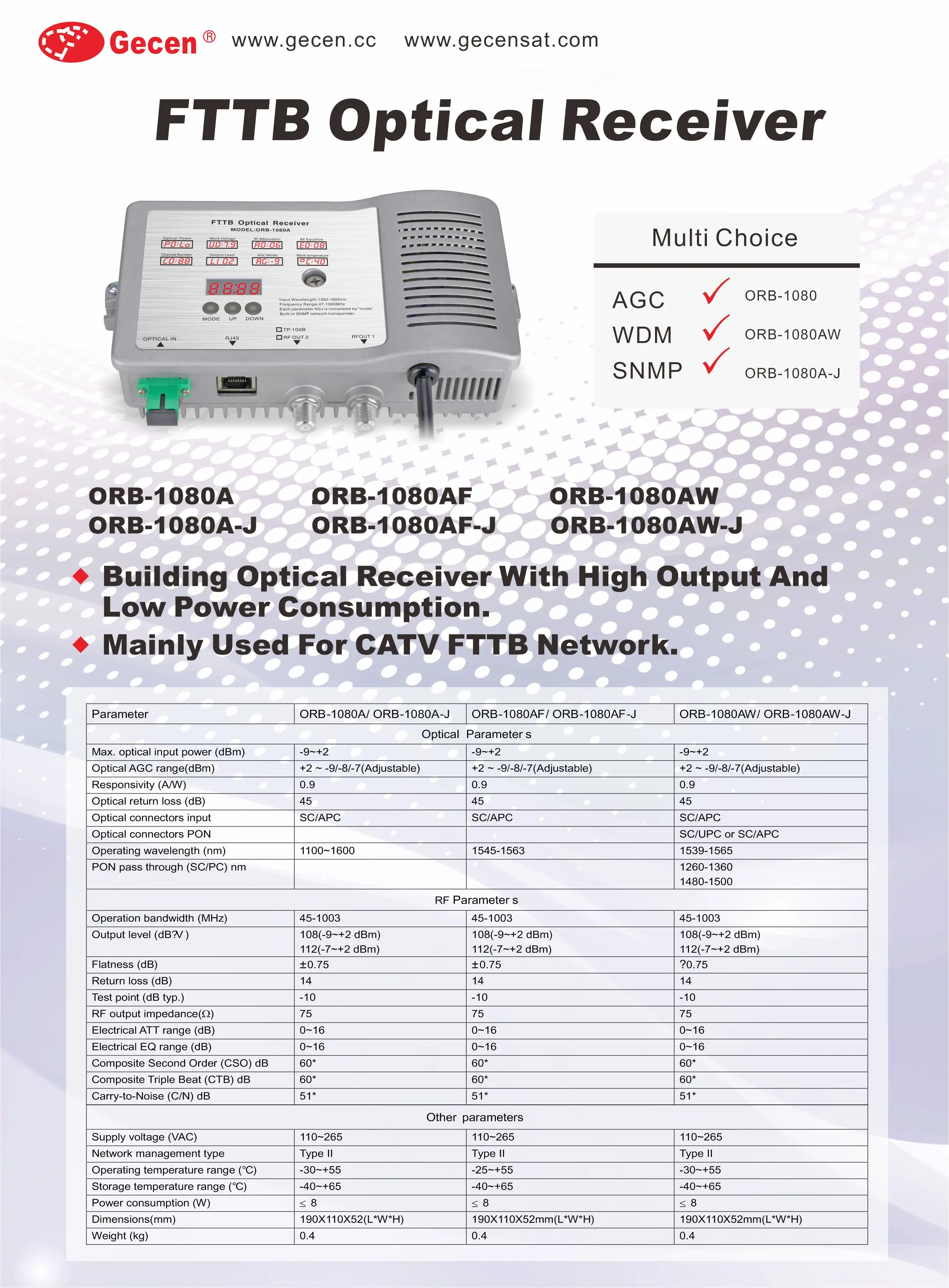 Agc Snmp Fiber To The Building Receiver Fttb Optical Receiver - Buy ...