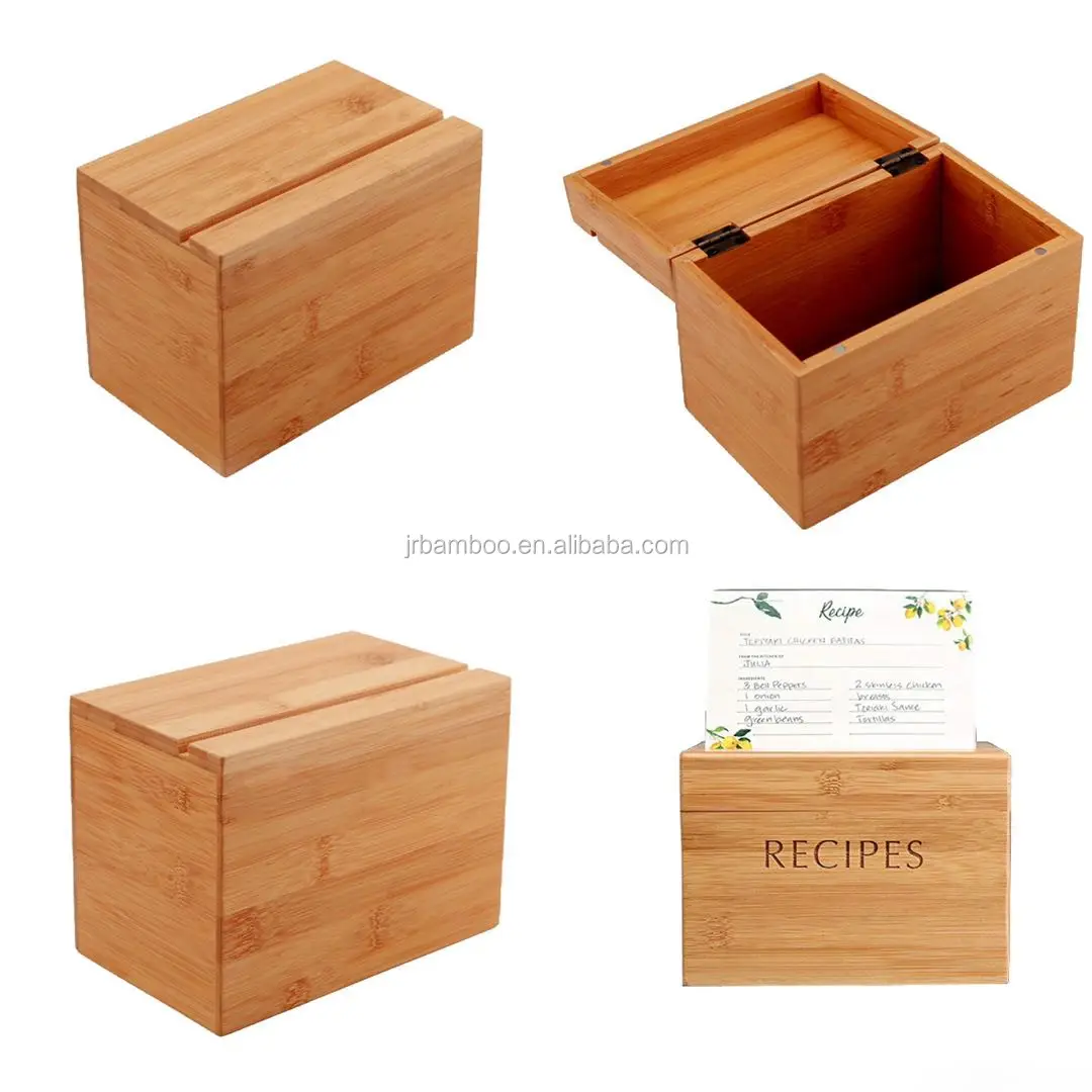 Bamboo Wood Recipe Box 4X6 Card Holder for Kitchen Storage